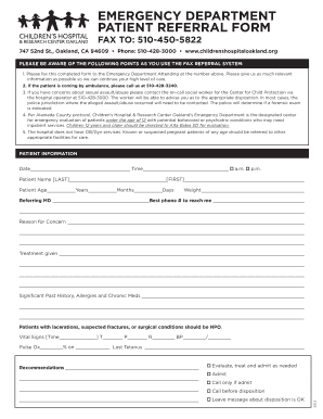 Fillable Online childrenshospitaloakland Emergency Department Patient ...