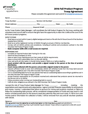 Fillable Online girlscoutcsa Fall 2016 Troop Agreement form - Girl ...