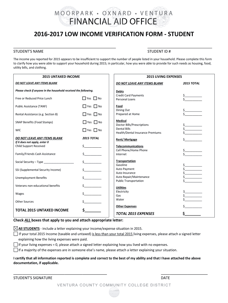 Fillable Online vcccd 2016-2017 LOW INCOME VERIFICATION FORM - STUDENT ...