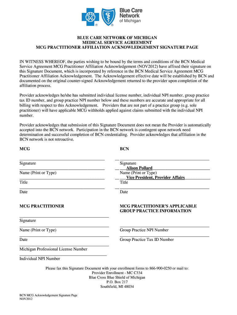 Fillable Online BLUE CARE NETWORK OF MICHIGAN MEDICAL SERVICE AGREEMENT ...