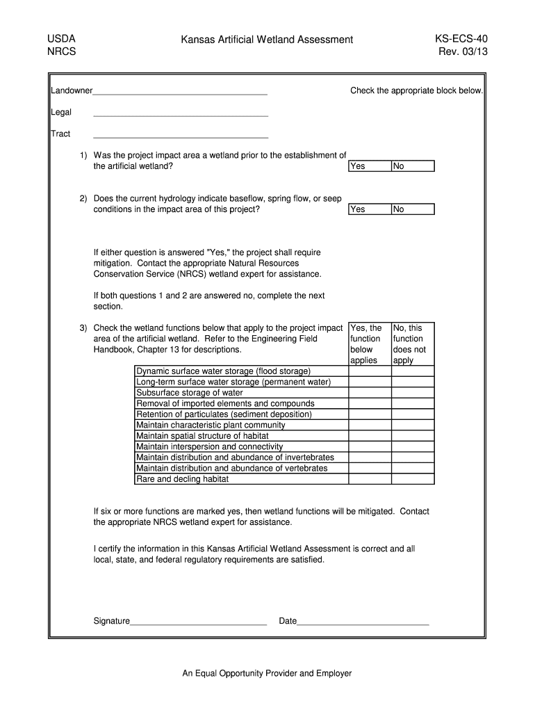 Fillable Online nrcs usda Kansas Artificial Wetland Assessment Fax ...