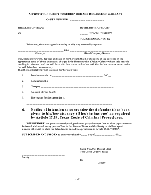 Fillable Online co tom-green tx AFFIDAVIT OF SURETY TO SURRENDER AND ...