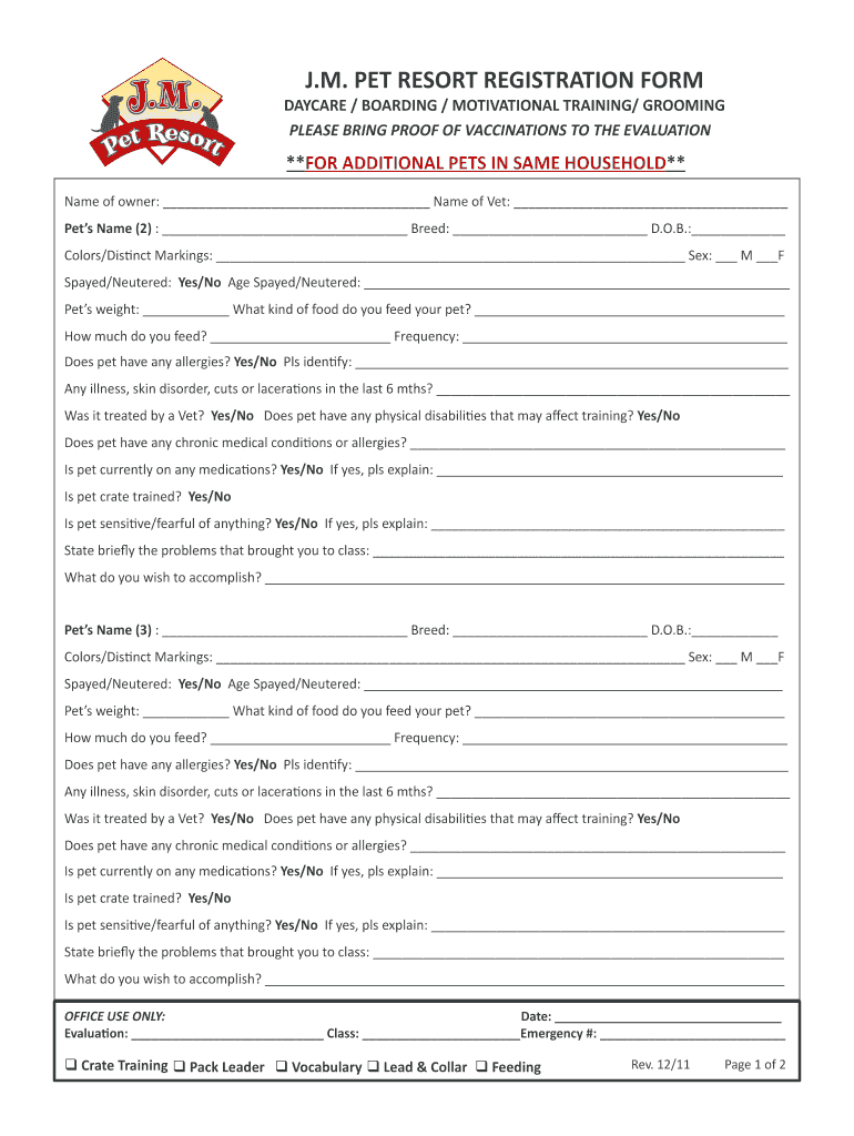 Fillable Online Registration Form for an Additional Pet - JM Pet Resort ...