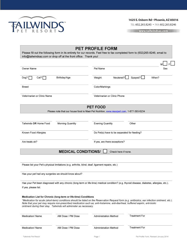 Fillable Online PET PROFILE FORM - Tailwinds Pet Resort Fax Email Print ...