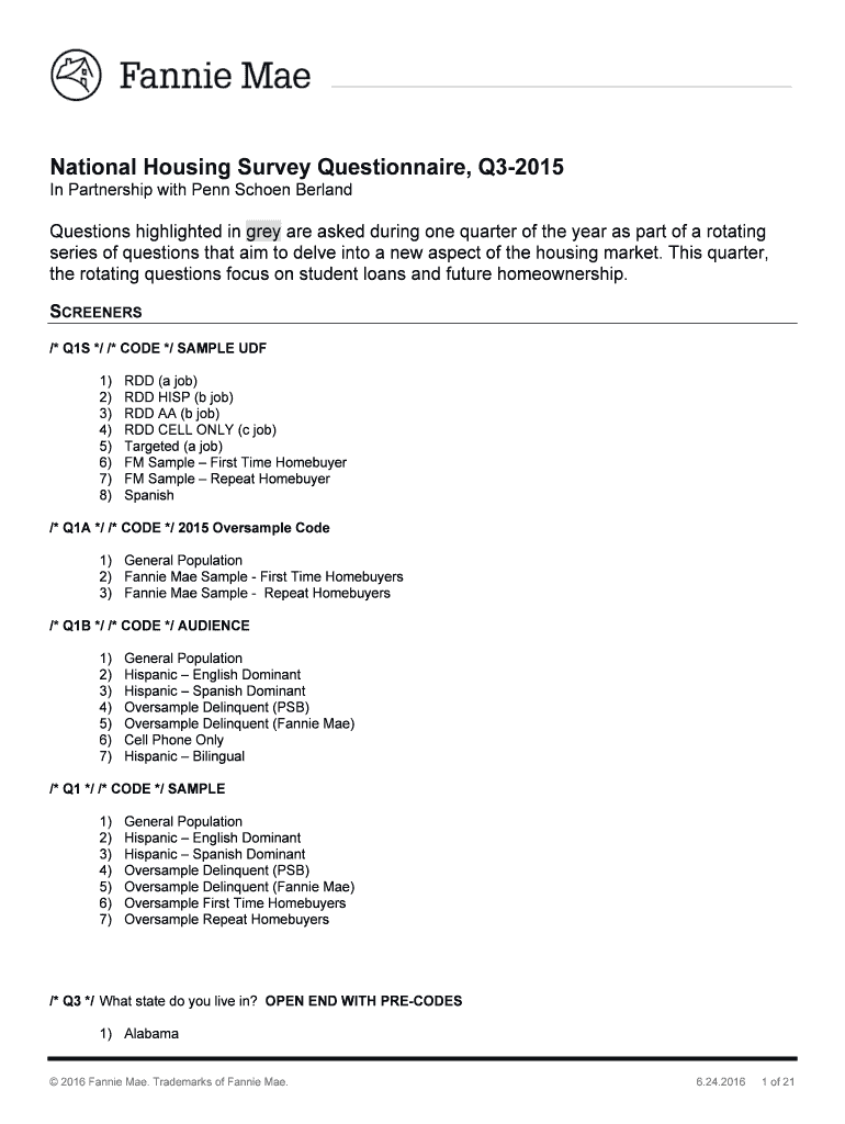 Fillable Online Fannie Mae National Housing Survey Questionnaire Q3 ...