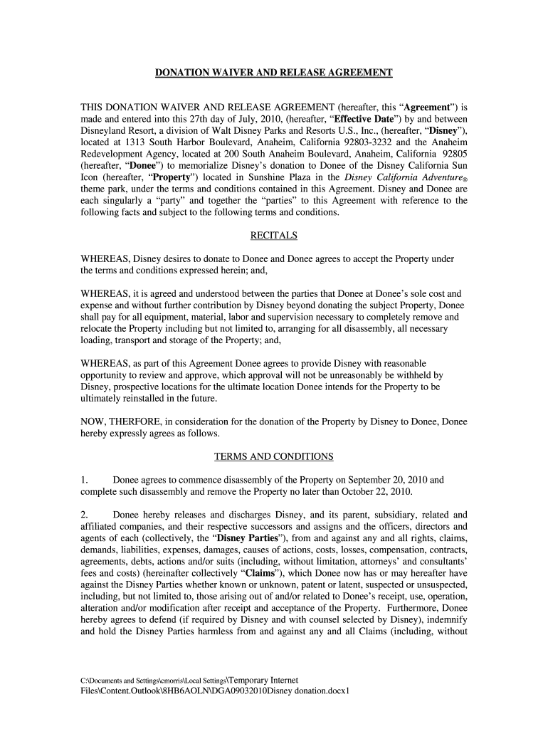 Fillable Online local anaheim DONATION WAIVER AND RELEASE AGREEMENT ...