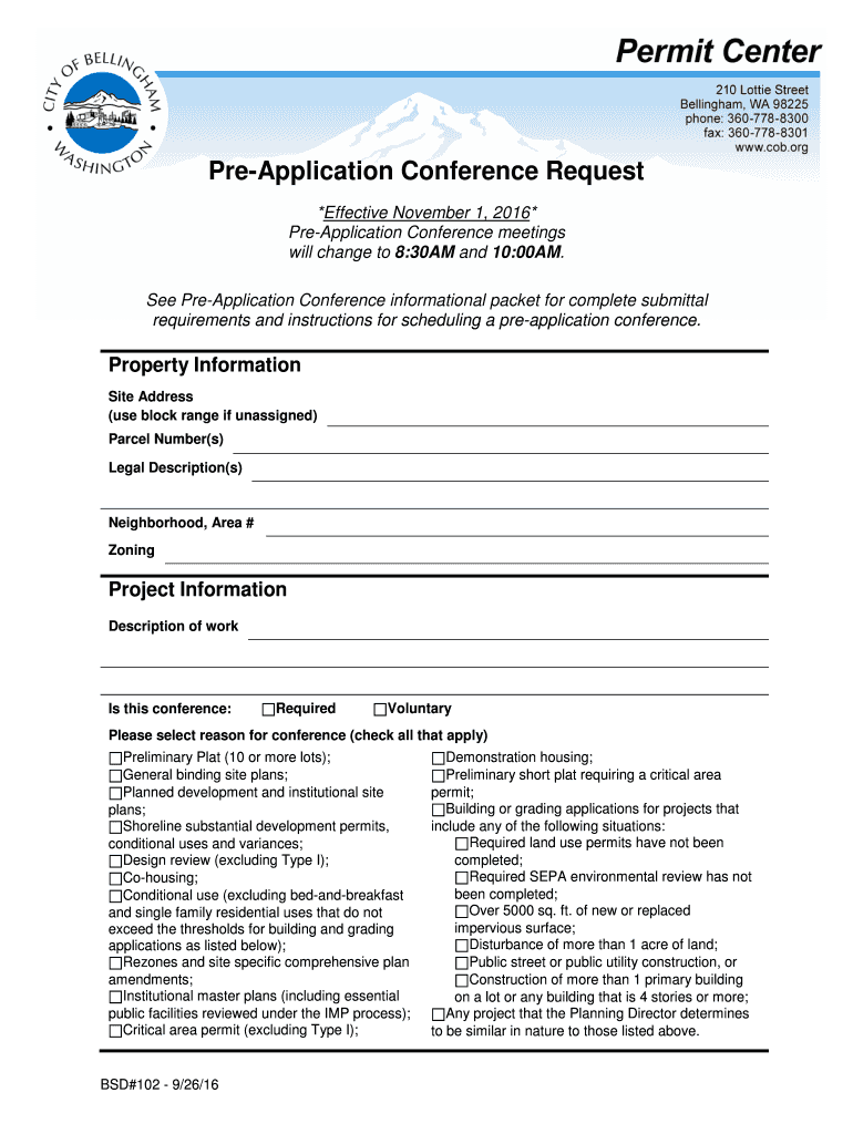 Fillable Online cob *Effective November 1st, 2016, Pre-Application Conference Fax Email Print ...