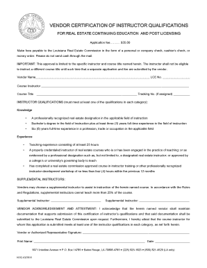 Fillable Online VENDOR CERTIFICATION OF INSTRUCTOR QUALIFICATIONS Fax ...