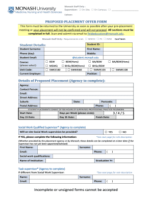 Fillable Online med monash edu Proposed Placement Offer Form - Monash University - med monash ...