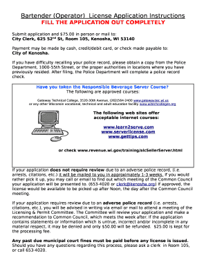 Fillable Online kenosha Bartender (Operator) License Application ...