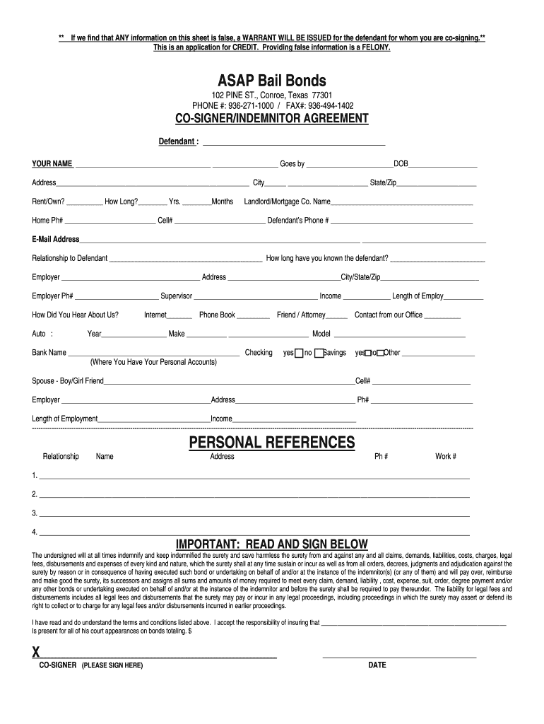 Fillable Online Required co-signer paperwork - ASAP Bail Bonds Fax ...