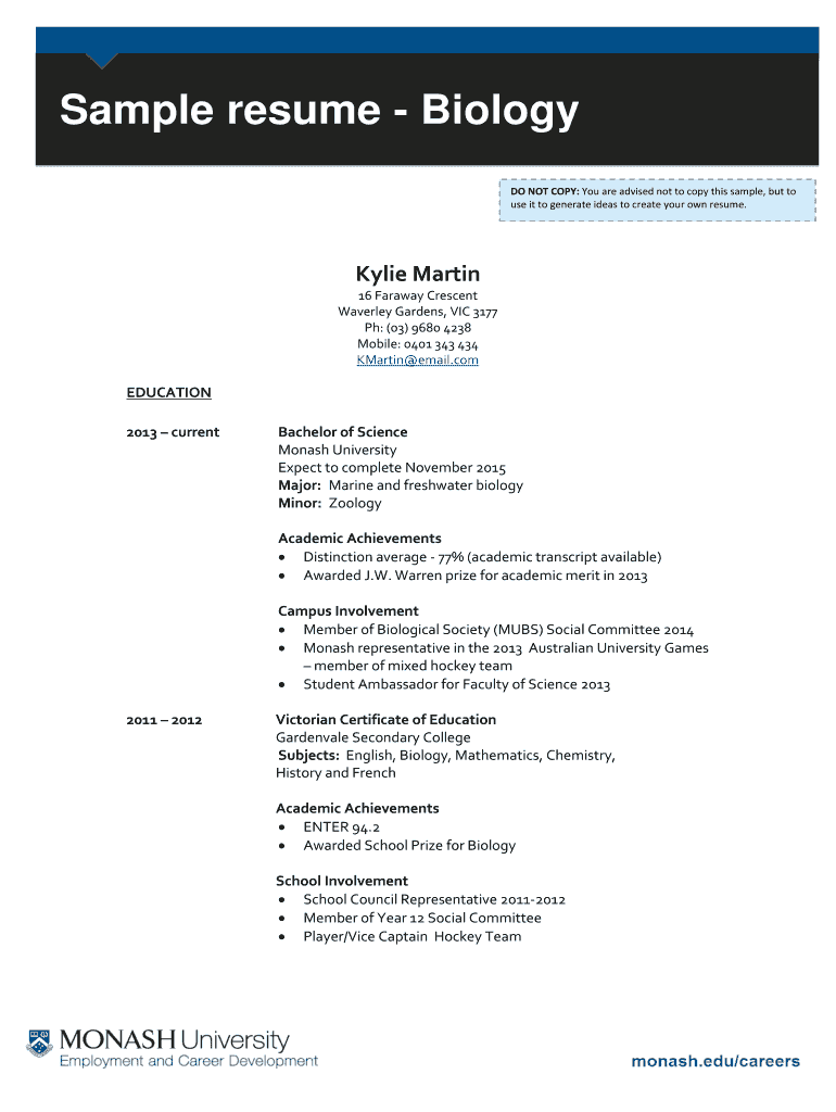 Fillable Online Sample Resume - Biology Fax Email Print - pdfFiller