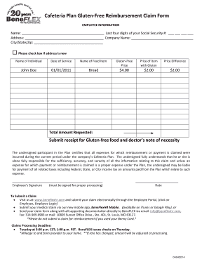 Fillable Online Cafeteria Plan Gluten?Free Reimbursement Claim ... Fax ...
