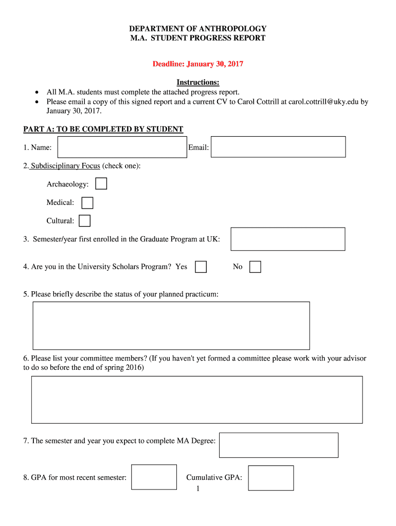 Fillable Online anthropology as uky progress report - Anthropology Fax Email Print - pdfFiller