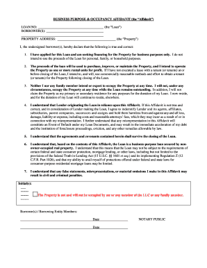 Fillable Online BUSINESS PURPOSE & OCCUPANCY AFFIDAVIT (the Affidavit ...