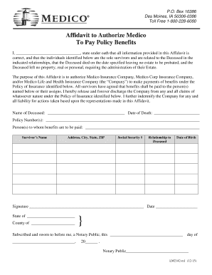 Fillable Online Affidavit to Authorize Medico Insurance Company to Pay ...
