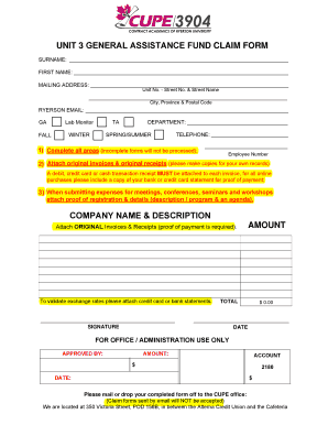 Fillable Online cupe3904 UNIT 3 GENERAL ASSISTANCE FUND CLAIM FORM ...