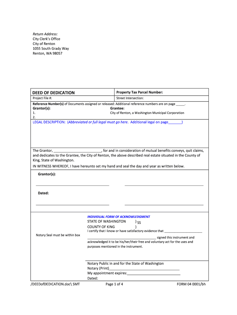 Fillable Online rentonwa deed of dedication form virus free Fax Email ...