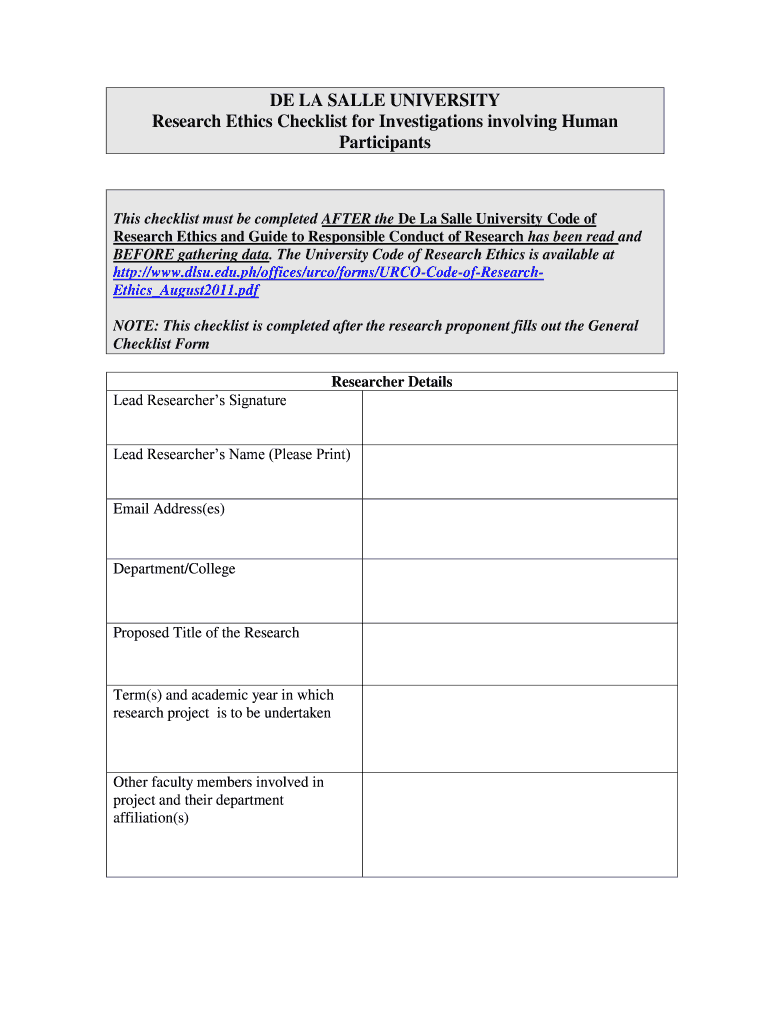 Fillable Online dlsu edu Research Ethics Checklist for Investigations ...