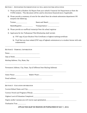 Fillable Online APPLICATION 2016 AVIATION SCHOLARSHIP PROGRAM Fax Email ...