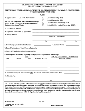 Fillable Online Rejection Of Coverage By Partners And Sole Proprietors ...