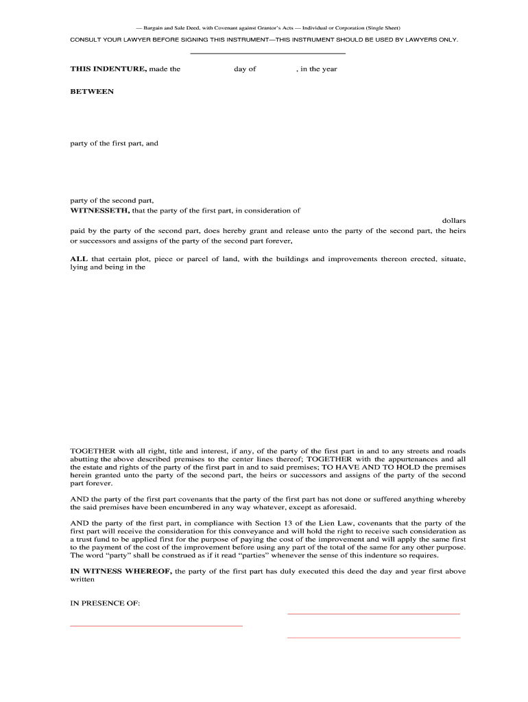 Fillable Online Bargain and Sale Deed, with Covenant against Grantor s Acts Individual or ...
