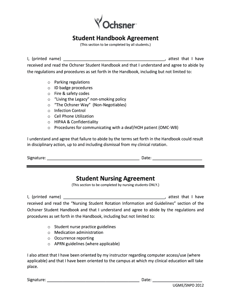 Fillable Online education ochsner Student Handbook Agreement Student ...
