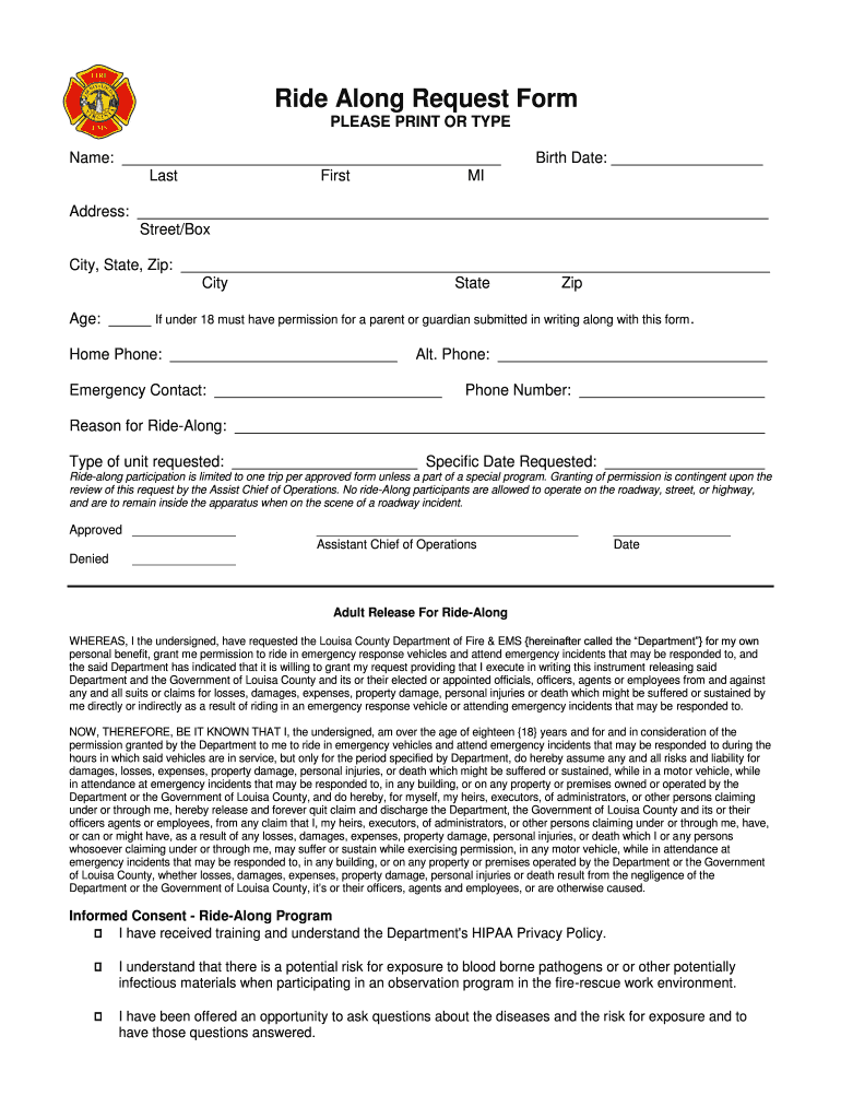 Fillable Online Louisa County Department of Fire & EMS Ride Along ...