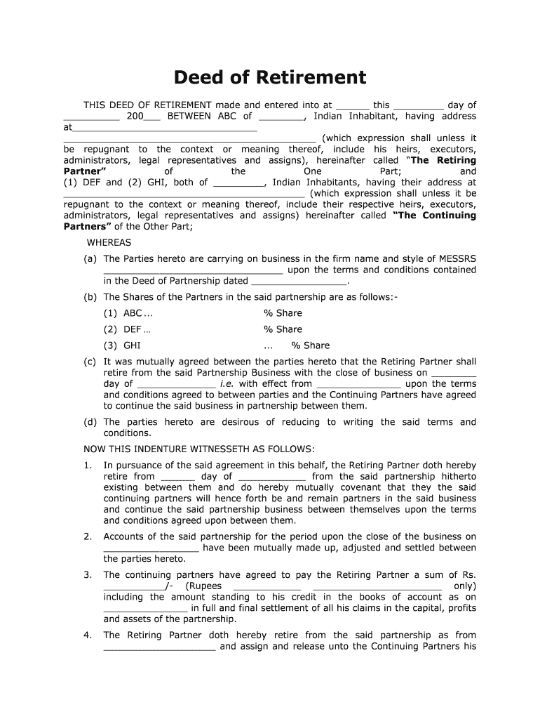 Fillable Online Deed of Retirement Fax Email Print - pdfFiller