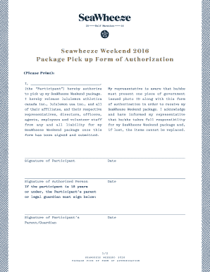 Fillable Online Seawheeze Weekend 2016 Package Pick up Form of ...
