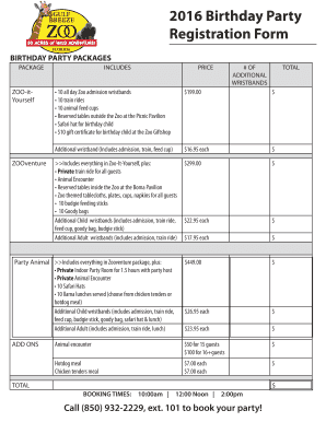 Fillable Online gulfbreezezoo 2016 Birthday Party Registration Form ...