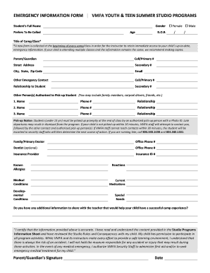 Fillable Online vmfa Programs Info and Emergency Form. - Virginia ...