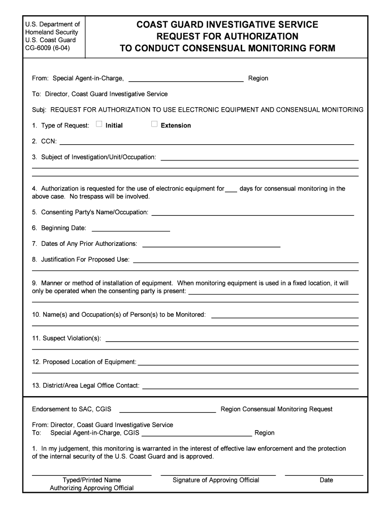 Fillable Online uscg CG6009.PDF. CG Investigative Services Request For ...