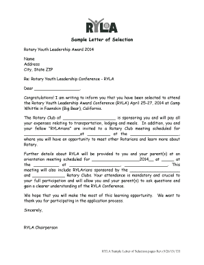 Fillable Online RYLA Sample Letter of Selection - ... Fax Email Print ...