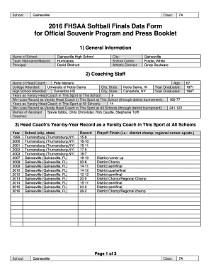 Fillable Online fhsaa 2016 FHSAA Softball Finals Data Form for Official ...