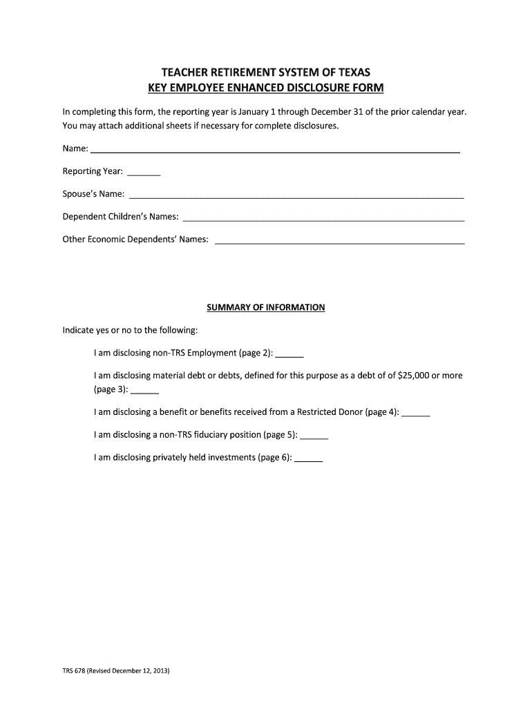 Fillable Online Key Employee Enhanced Disclosures Form (TRS 678) Fax ...
