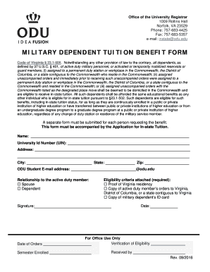Fillable Online odu Military Dependent Tuition Benefit Form. Military ...