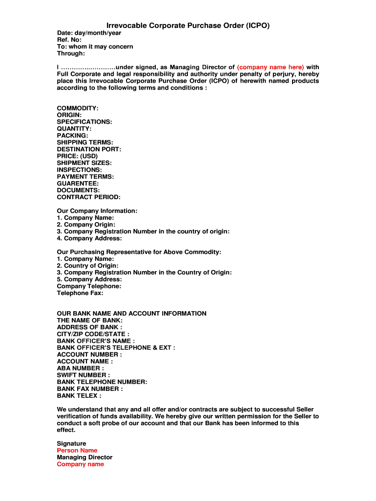 Fillable Online Irrevocable Corporate Purchase Order (ICPO) Fax Email ...