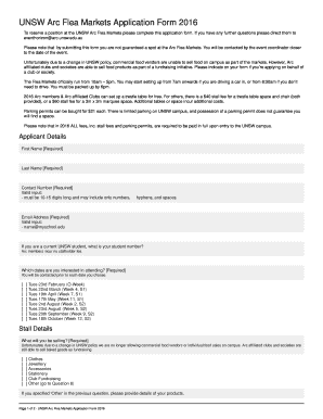 Fillable Online UNSW Arc Flea Markets Application Form 2016. Event ...