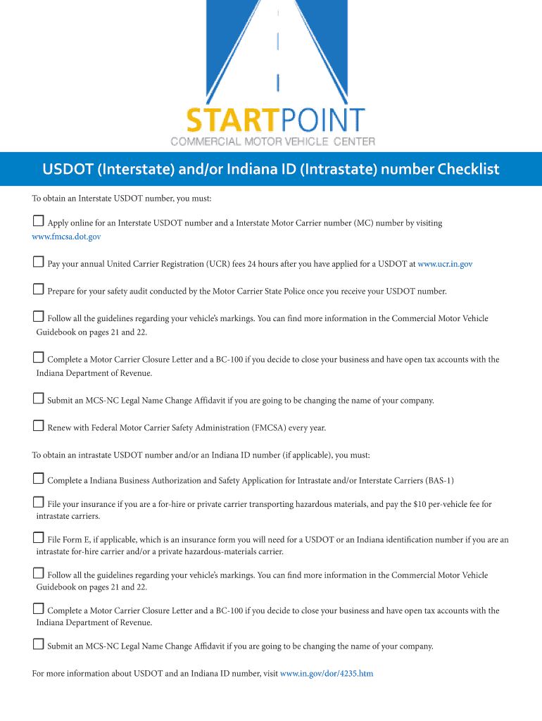 Fillable Online in USDOT (Interstate) and/or Indiana ID (Intrastate ...