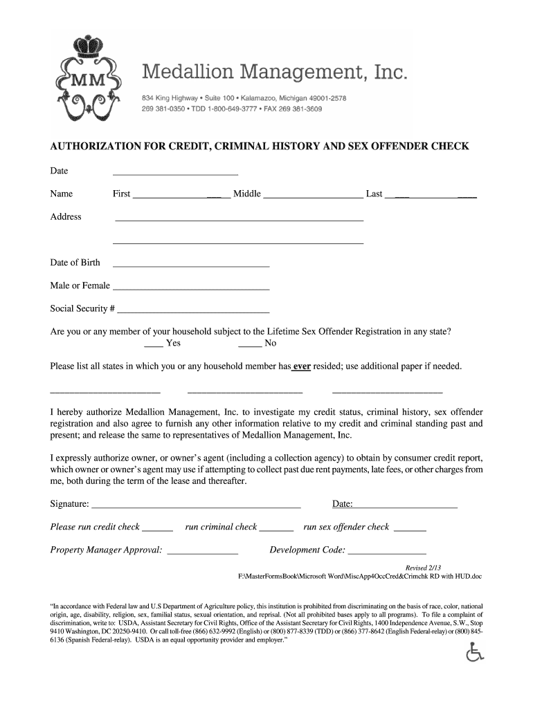 Fillable Online AUTHORIZATION FOR CREDIT, CRIMINAL HISTORY AND SEX ...