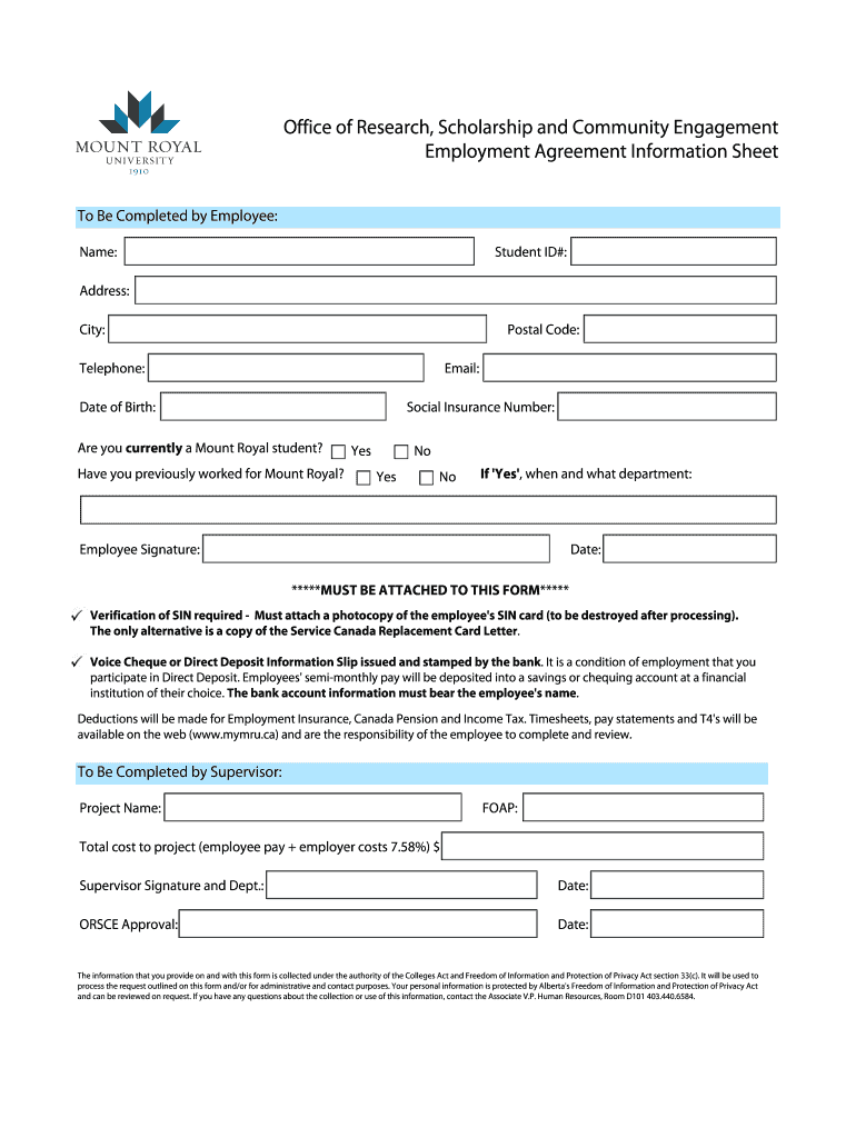 Fillable Online research mtroyal RA Employment Agreement Information ...