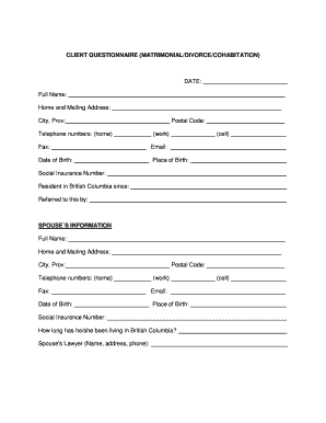 Fillable Online CLIENT QUESTIONNAIRE (MATRIMONIAL/DIVORCE/COHABITATION ...