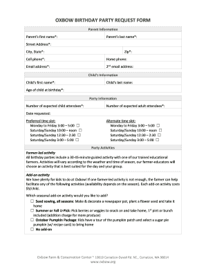 Fillable Online oxbow OXBOW BIRTHDAY PARTY REQUEST FORM Fax Email Print ...