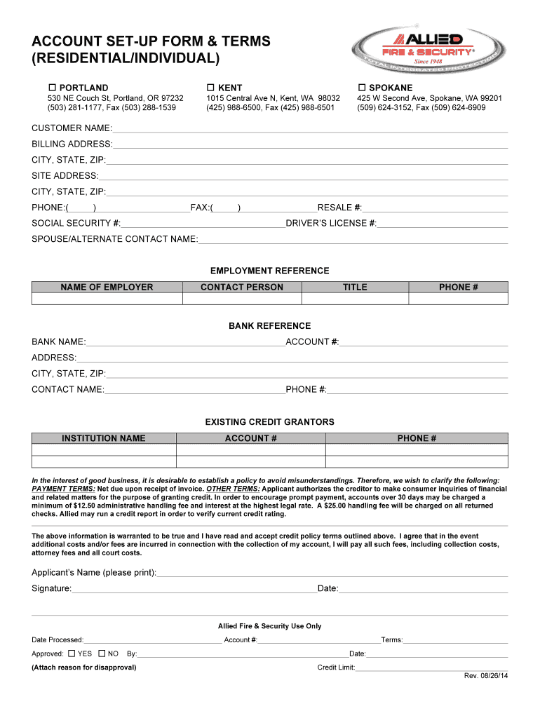 Fillable Online ACCOUNT SETUP FORM AND TERMS - RESIDENTIAL AND INDIVIDUAL Fax Email Print ...