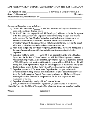 Fillable Online LOT RESERVATION DEPOSIT AGREEMENT FOR THE EAST MEADOW ...