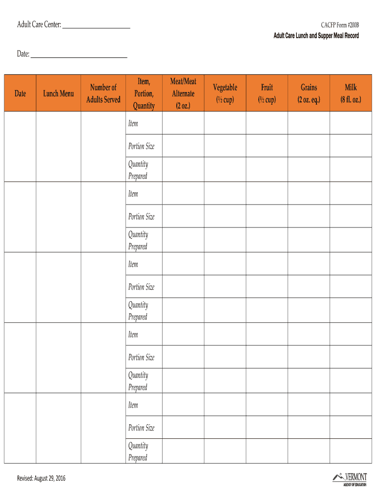 Fillable Online education vermont CACFP Form- Adult Care Lunch and ...