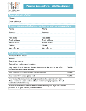 Fillable Online Parental Consent Form Wild Woodlanders Fax Email Print ...