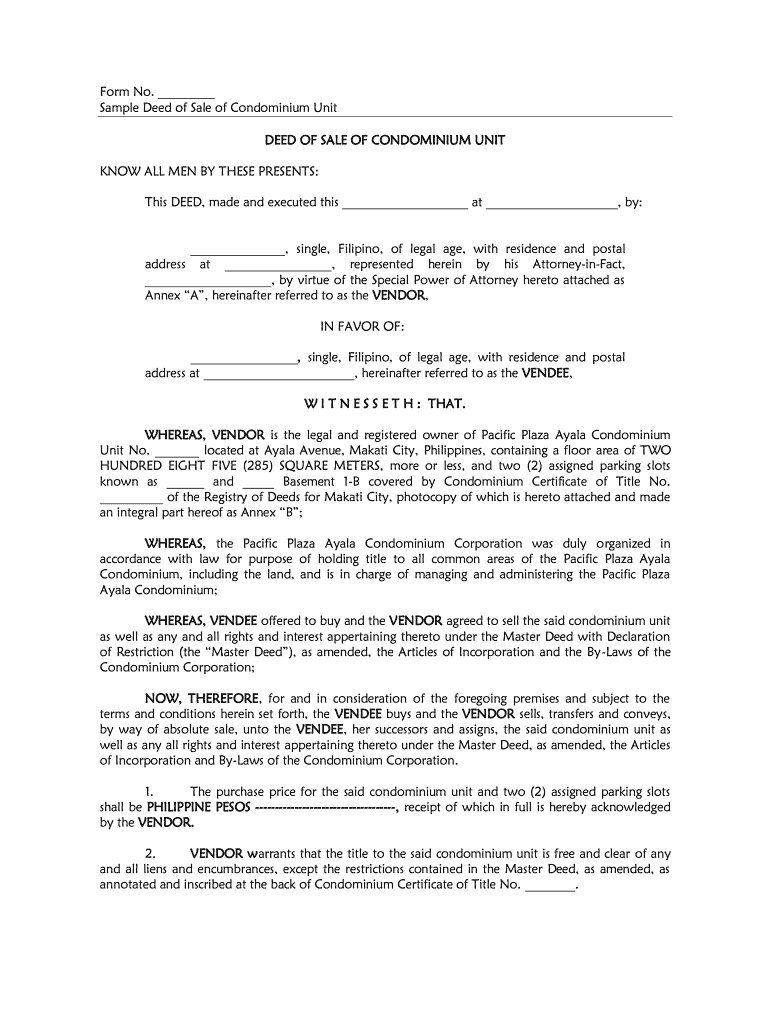 Fillable Online DEED OF ABSOLUTE SALE OF CONDOMINIUM UNIT Fax Email ...