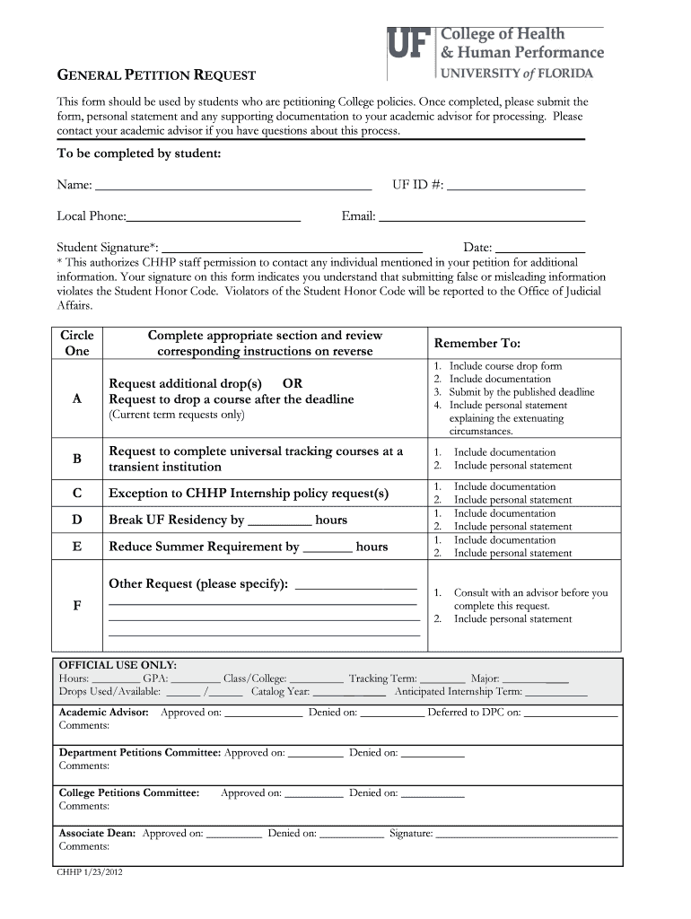 Fillable Online hhp ufl To be completed by student: Name: UF ID ...